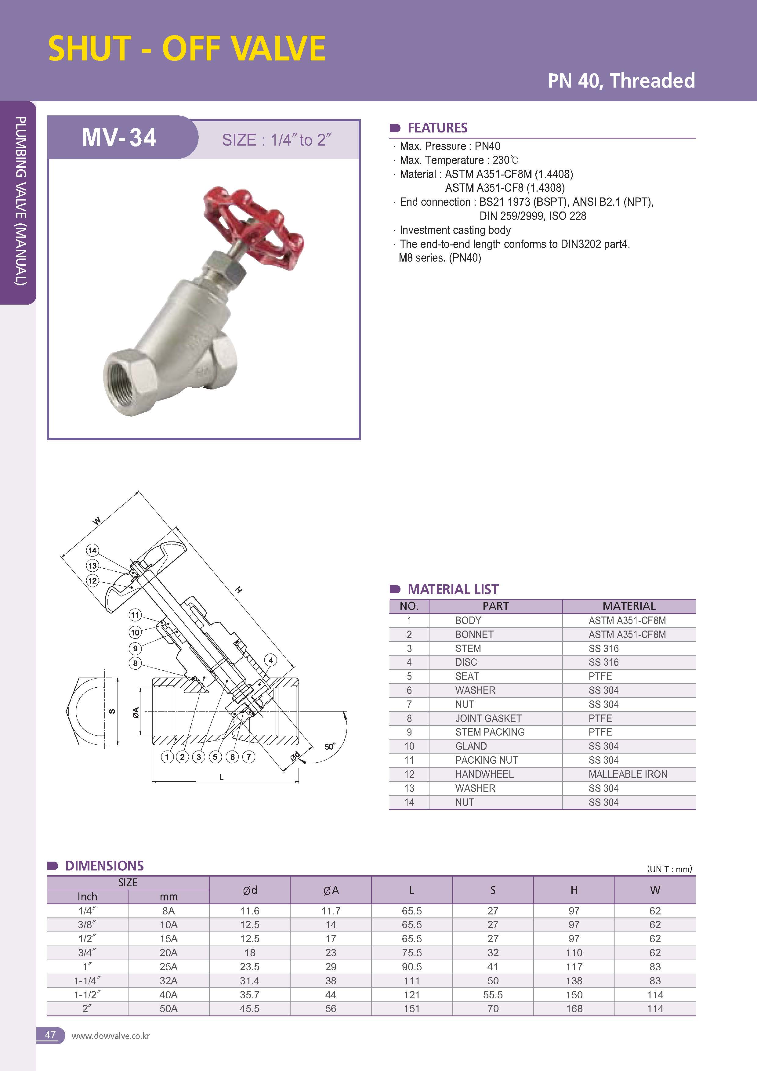 다우밸브 - 스테인리스 배관용 밸브(Plumbing Valve)_Shut Off Valve_다우밸브(DOW Valve Co ...