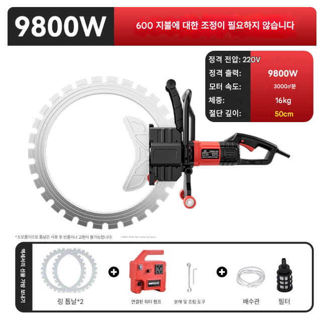 콘크리트 컷팅기 바닥 홈파기 9800W 깊이 50cm 링쏘 벽면 도로 절단기 고출력 벽 절단 고주파 철근 고속 톱 현장 작업 ...